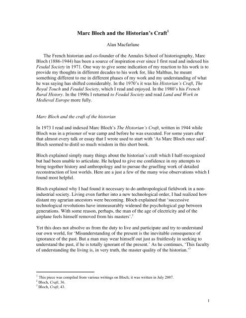 Marc Bloch and the Historian's Craft - Alan Macfarlane