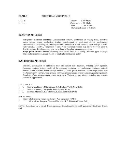 EE-311-E ELECTRICAL MACHINES - II L T P Theory : 100 ...