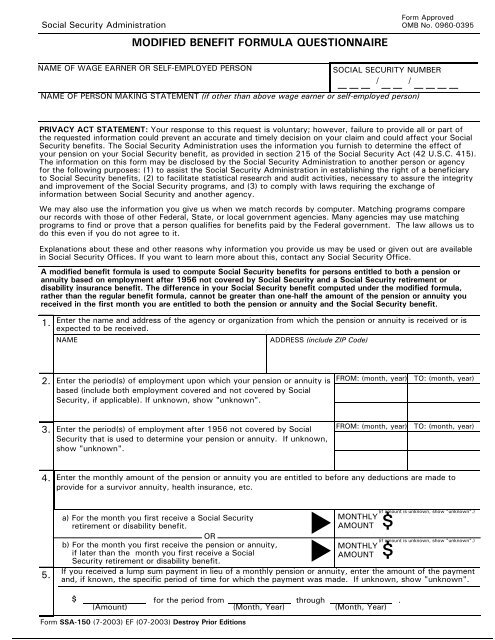 Modified Benefit Formula Questionnaire - Social Security
