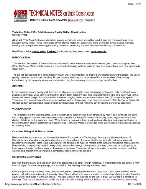 Tech Note 21C Brick Masonry Cavity Walls Construction