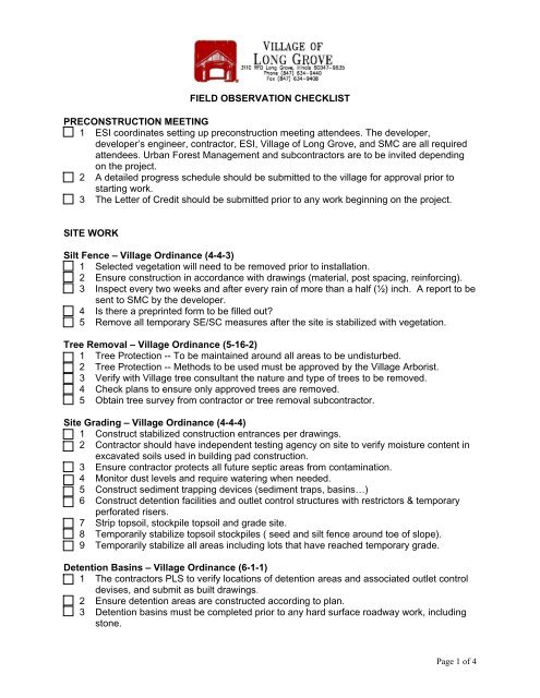 Field Observation Checklist - the Village of Long Grove