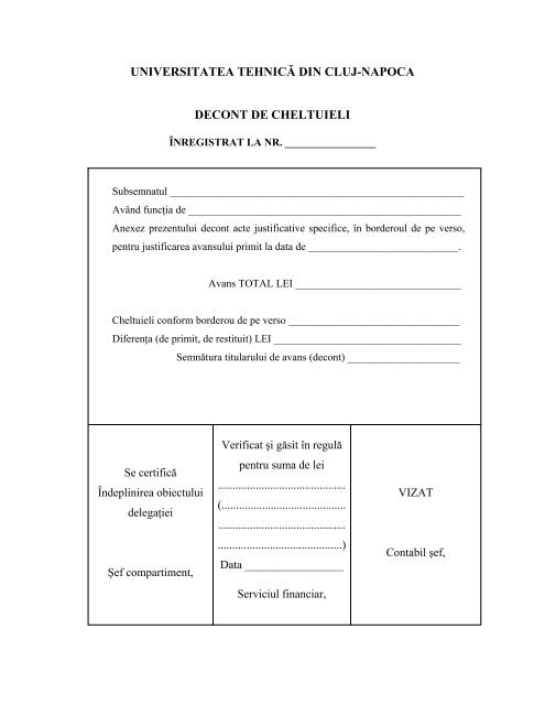 Formular decont cheltuieli materiale - Universitatea TehnicÄ
