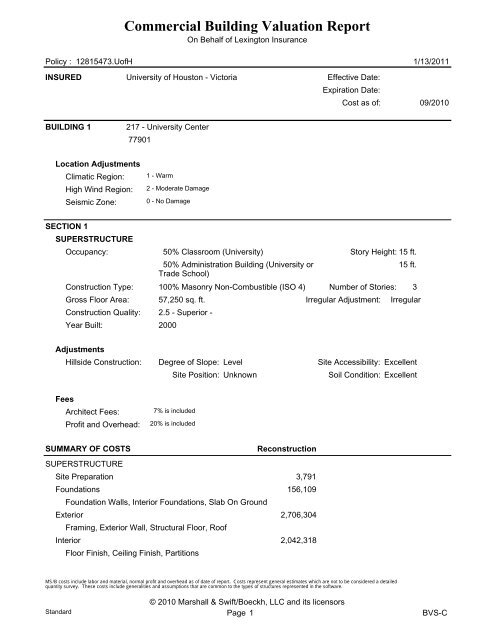 Commercial Building Valuation Report - University of Houston-Victoria