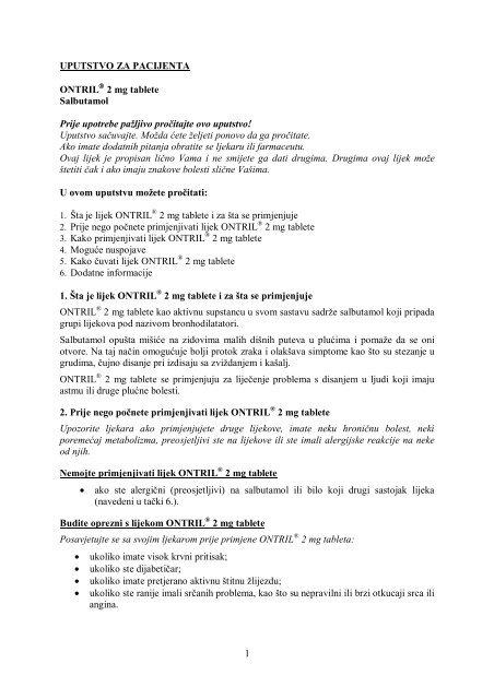 1 UPUTSTVO ZA PACIJENTA ONTRIL 2 mg tablete ... - Bosnalijek dd
