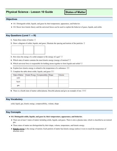 Physical Science - Lesson 10 Guide States of Matter