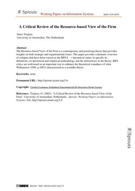 A Critical Review of the Resource-based View of the Firm - Sprouts ...