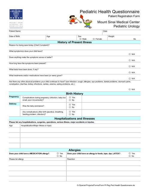 Pediatric Health Questionnaire - Mount Sinai Hospital