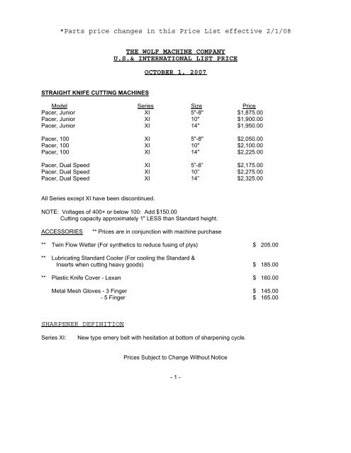 1999 Machine Price List - Wolf Machine Company Inc.
