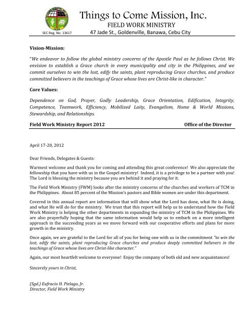 Field Work Ministry - Things to Come Mission