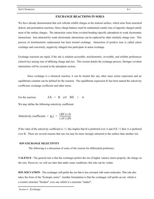 EXCHANGE REACTIONS IN SOILS ( )( ) Selectivity ... - LAWR