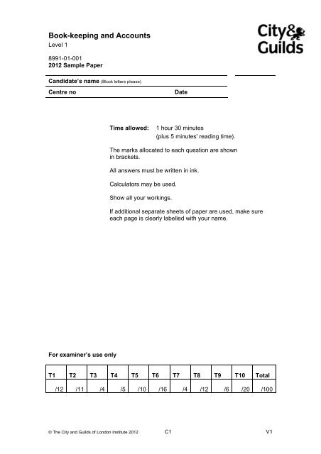 8991 Sample Level 1 exam Question Paper - City & Guilds