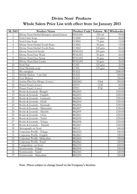 Divine Noni Products Whole Salers Price List with ... - Noni Family