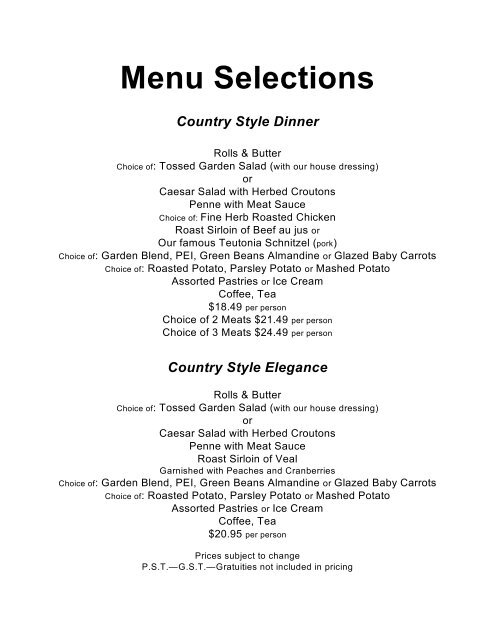 Menu Selections Country Style Dinner - Teutonia Club