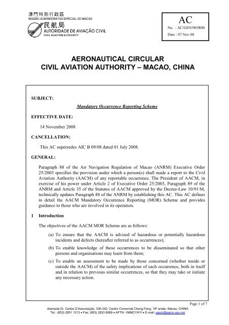 AC-GEN-003-R00 -- Mandatory Occurrence Reporting Scheme