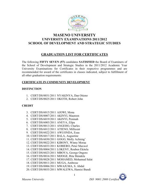 Certificate Programmes Graduation List - Maseno University