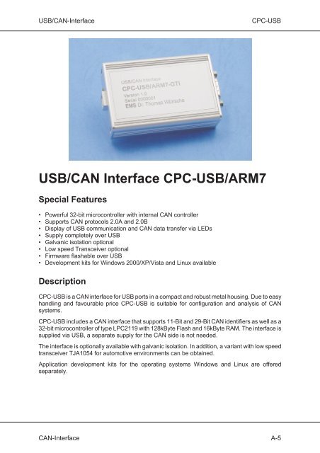 USB/CAN Interface CPC-USB/ARM7 Special Features