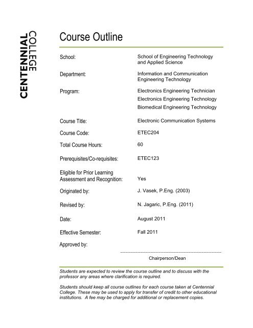 Course Outline Centennial College