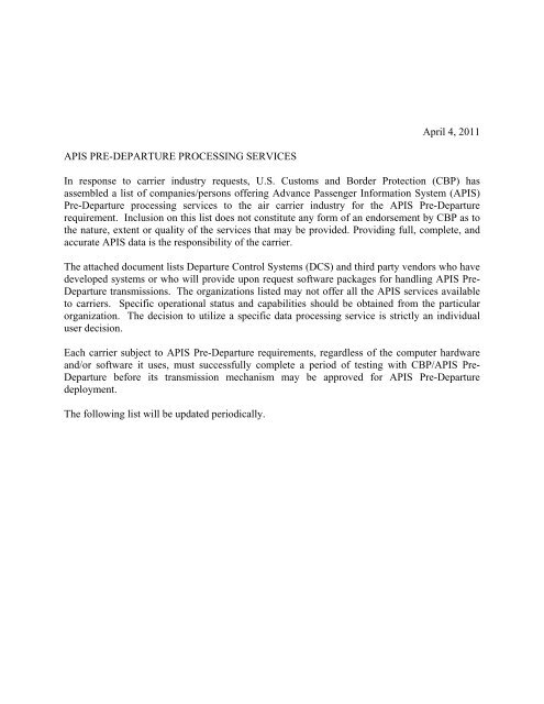 APIS Pre-Departure Certified Vendor List - CBP.gov