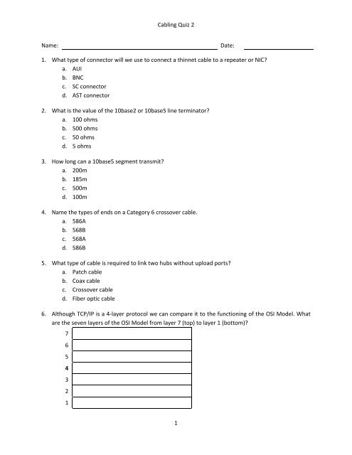 Network Cabling Quiz 2 World Class Cad Home