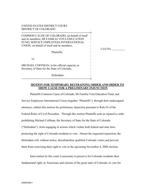 Motion for Temporary Restraining Order - Brennan Center for Justice Motion for Temporary Restraining Order - Brennan Center for Justice