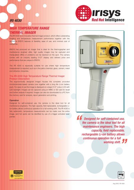HIGH TEMPERATURE RANGE THERMAL IMAGER IRI 4030 - Stcd