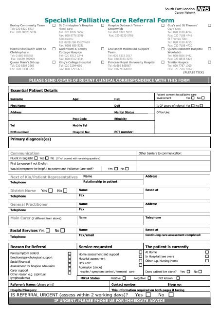 Specialist Palliative Care Referral Form - St Christopher's Hospice