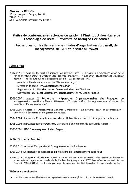 CV Alexandre BENION - UniversitÃ© de Bretagne Occidentale