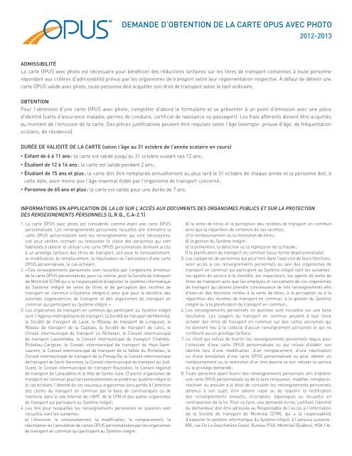DEMANDE D'OBTENTION DE LA cArTE OPuS AvEc PhOTO
