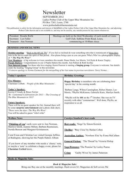 Sept. 12 Newsletter - Ladies Probus Upper Blue Mountains