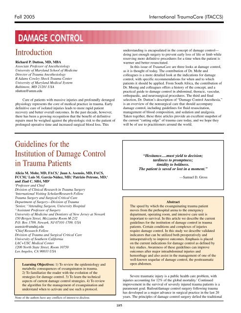 Guidelines for the Institution of Damage Control in Trauma Patients