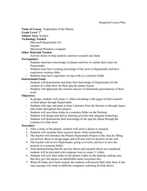 Integrated Lesson Plan Name of Lesson: Exploration of the Planets ...