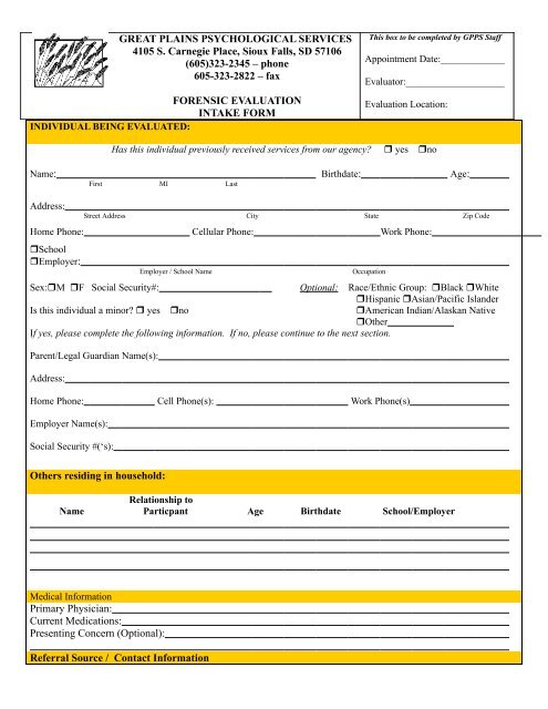 Forensic evaluation intake form - Great Plains Psychological Services