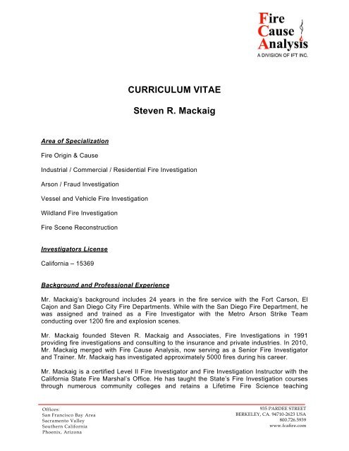 CURRICULUM VITAE Steven R. Mackaig - Fire Cause Analysis