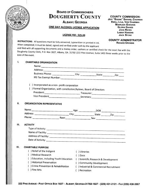 One Day Alcohol License Application Form - City of Albany, Georgia