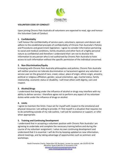 Chronic Pain Australia Volunteer Code of Conduct