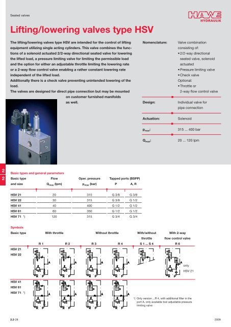 Lifting/lowering valves type HSV - Hidracomp