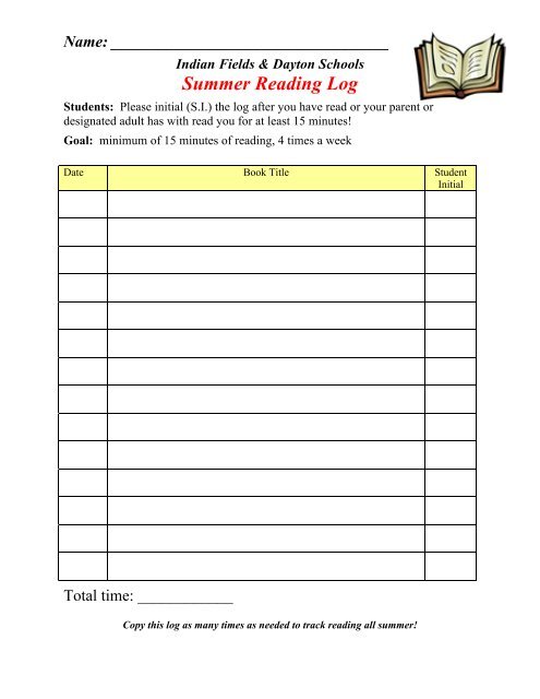 Summer Reading Log - South Brunswick Public Schools