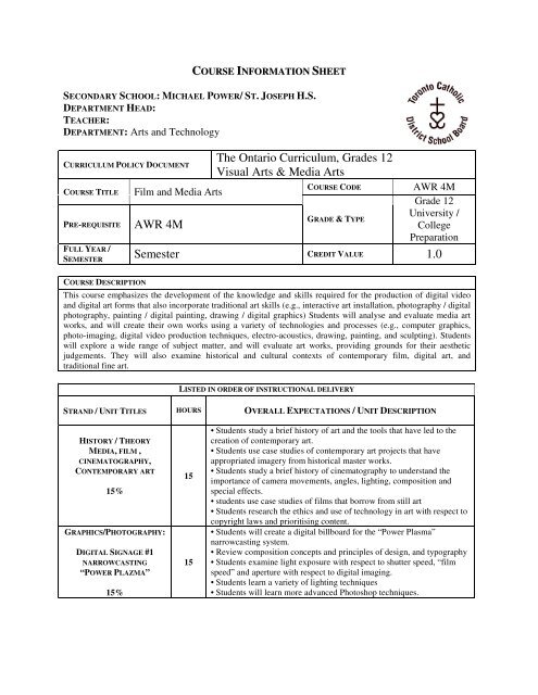 The Ontario Curriculum, Grades 12 Visual Arts & Media ... - MPSJ.ca