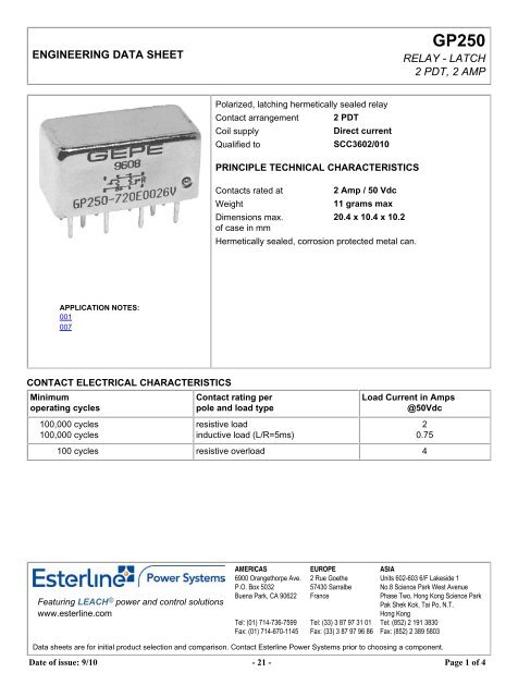 engineering data sheet relay - latch 2 pdt, 2 amp - Leach International