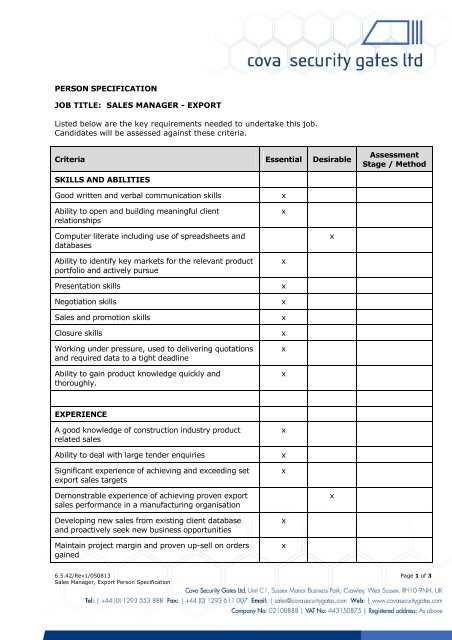 Person Specification - Cova Security Gates