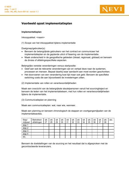Voorbeeld opzet implementatieplan - Nevi