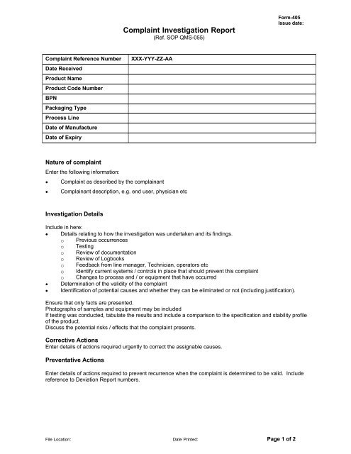 Complaint Investigation Report Form