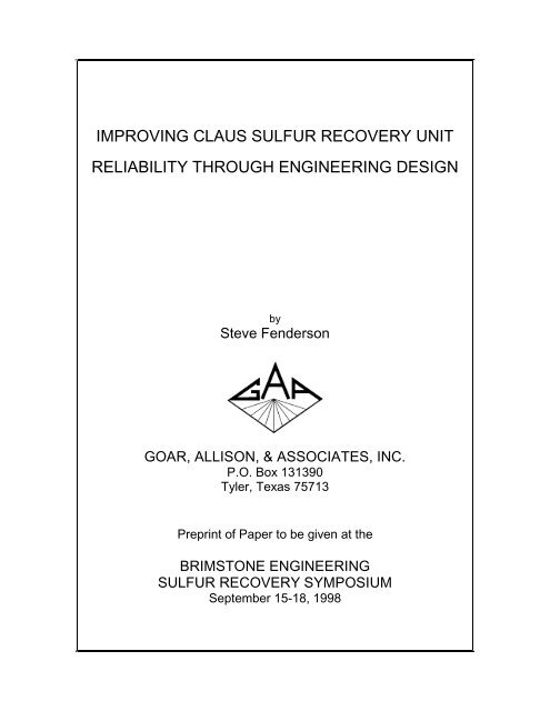 Improving claus sulfur recovery unit reliability - Goar, Allison ...