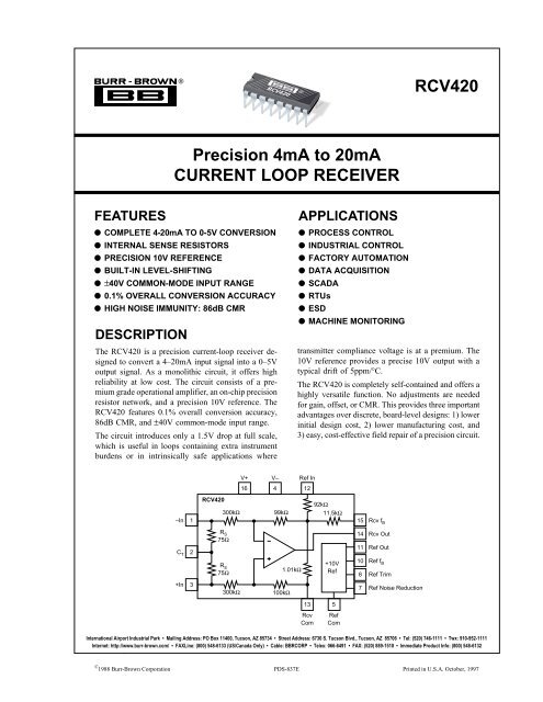 RCV420 Precision 4mA to 20mA CURRENT LOOP RECEIVER