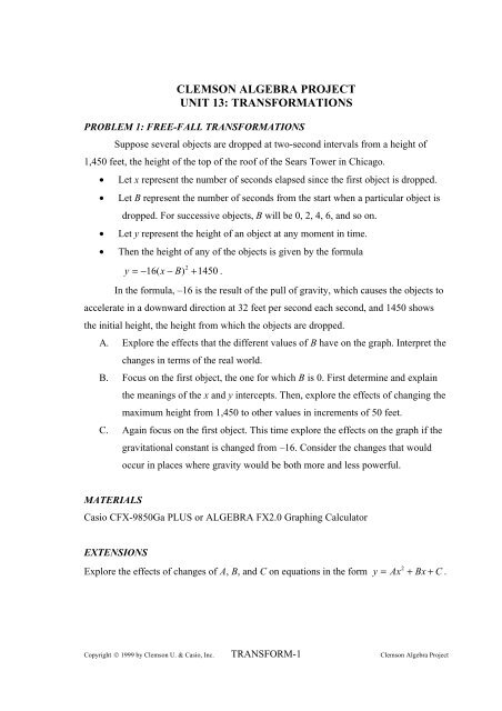 clemson algebra project unit 13: transformations - Casio