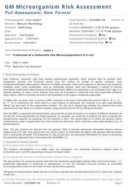 GM Microorganism Risk Assessment Full Assessment, New ... - igem