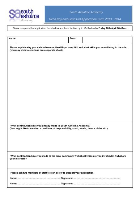 South Axholme Academy Head Boy and Head Girl Application Form ...