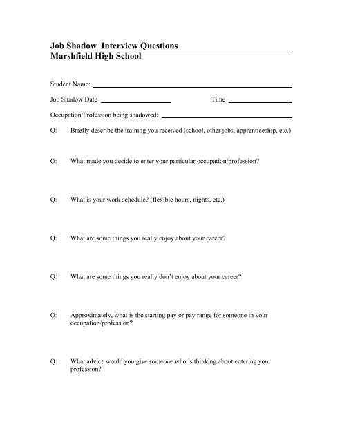 Job Shadow Interview Questions Marshfield High School