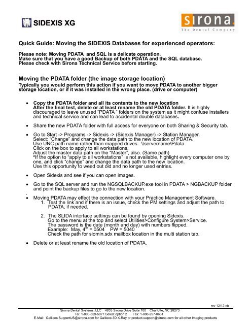 Moving the SIDEXIS Databases for experienced ... - Sirona Support