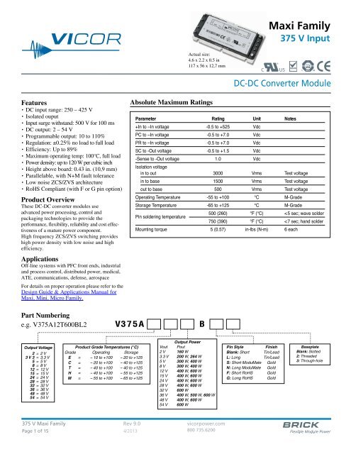375V Input Maxi Family DC-DC Converter Module Data Sheet - Vicor